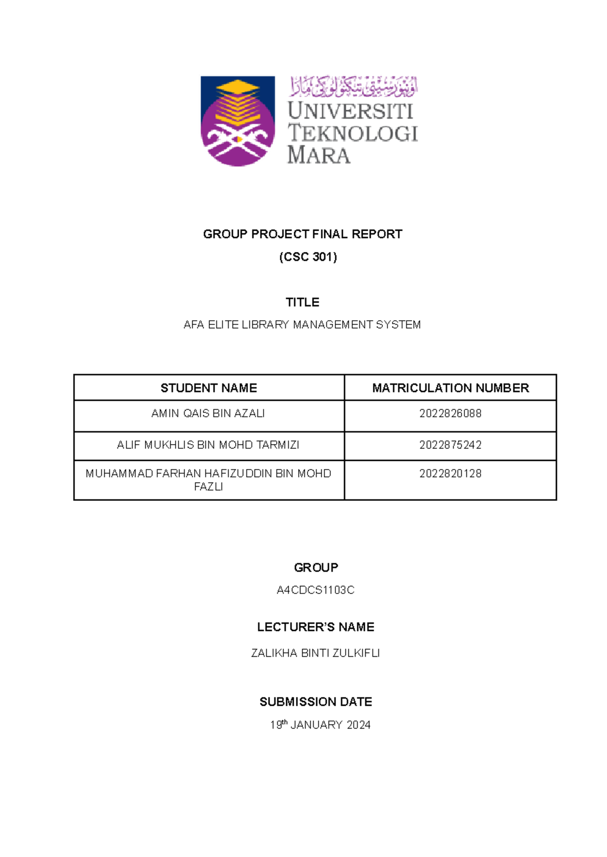 Csc 301 Final Report Group Project Final Report Csc 301 Title Afa Elite Library Management