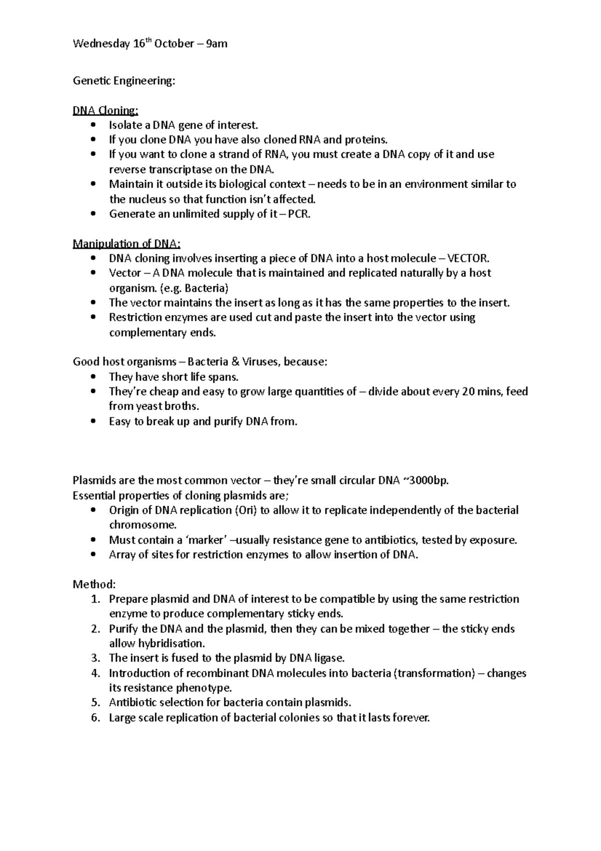 Cell and Molecular Biology L15 - Wednesday 16th October – 9am Genetic ...