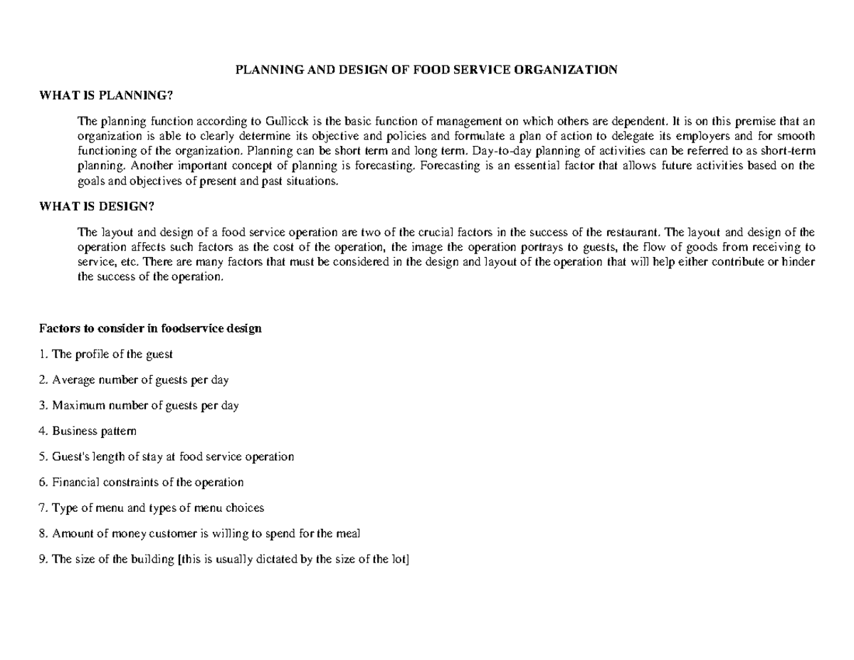 Planning AND Design OF FOOD Service Organization AND HRM - PLANNING AND ...