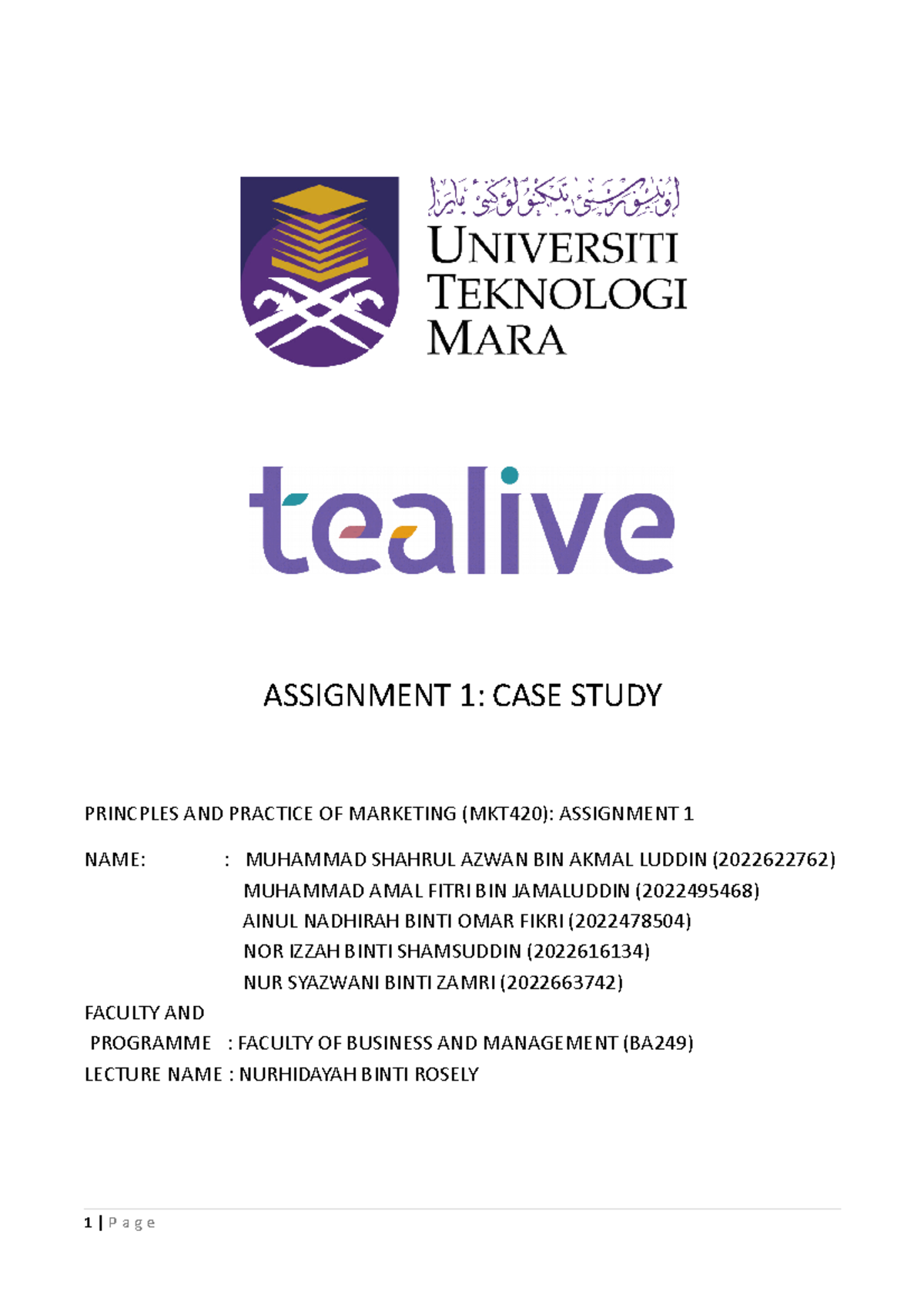 Assignment 1 CASE Study (MKT) - ASSIGNMENT 1: CASE STUDY PRINCPLES AND ...