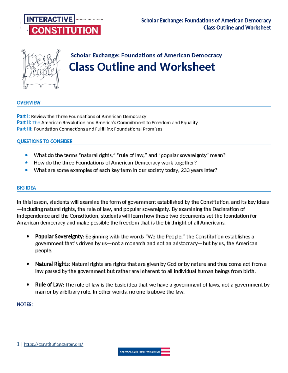Foundations of Democracy Class Worksheet Formatted - Class Outline and ...