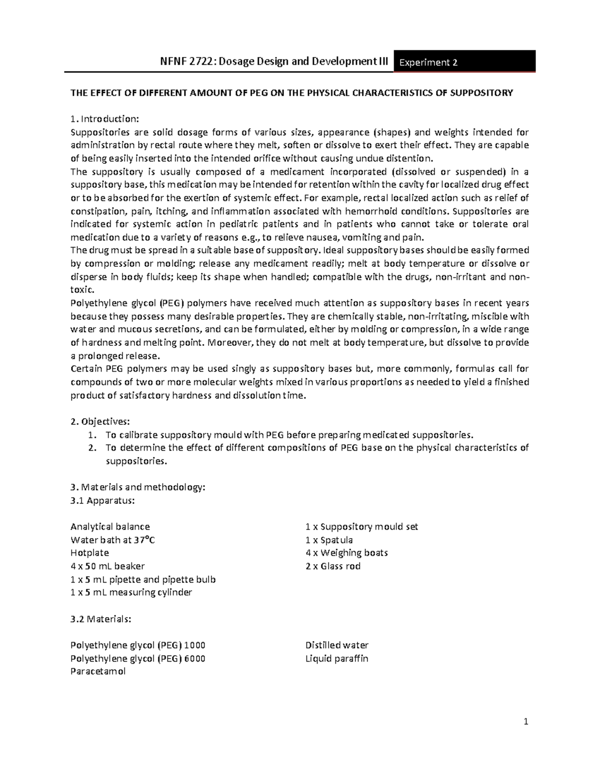 Lab practical - Dosage Design and Development III - Suppositories ...