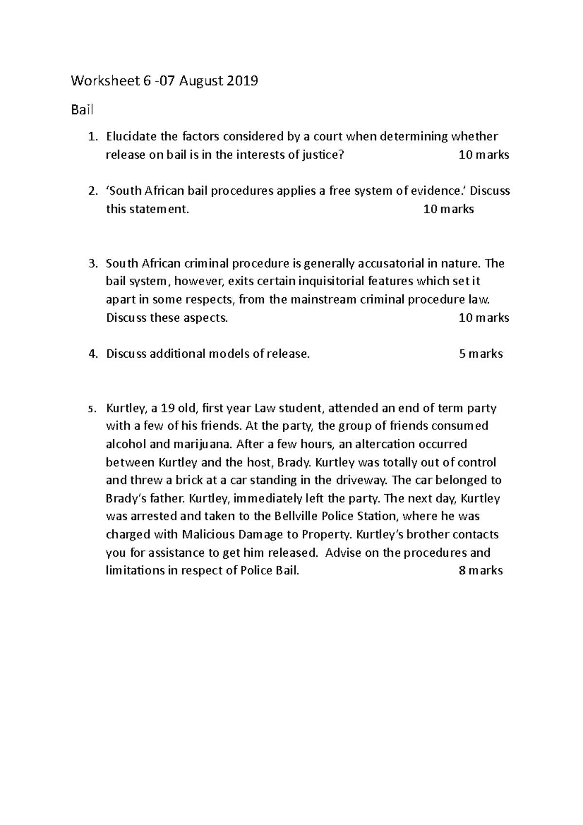 Worksheet 6 - Law of Civil Procedure - Worksheet 6 -07 August 2019 Bail ...