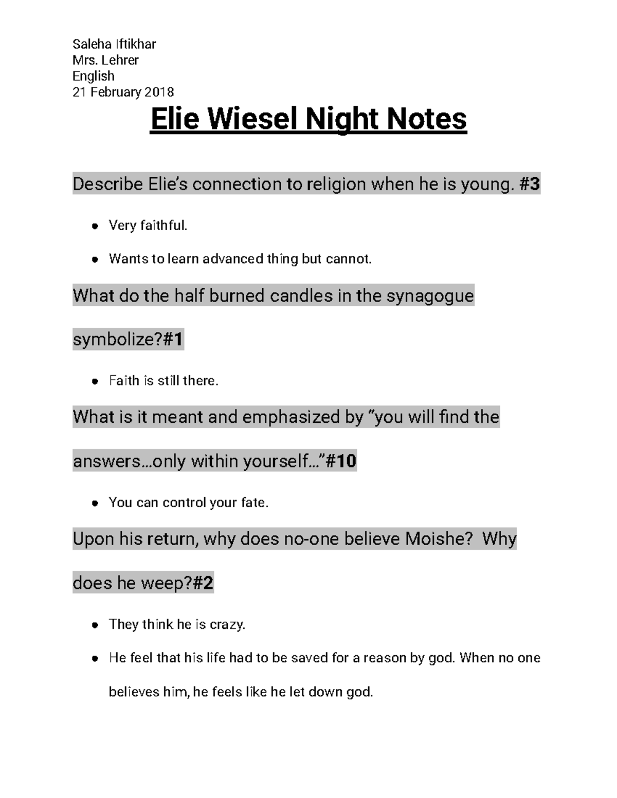 Night notes - Google Docs - Mrs. Lehrer English 21 February 2018 Elie ...