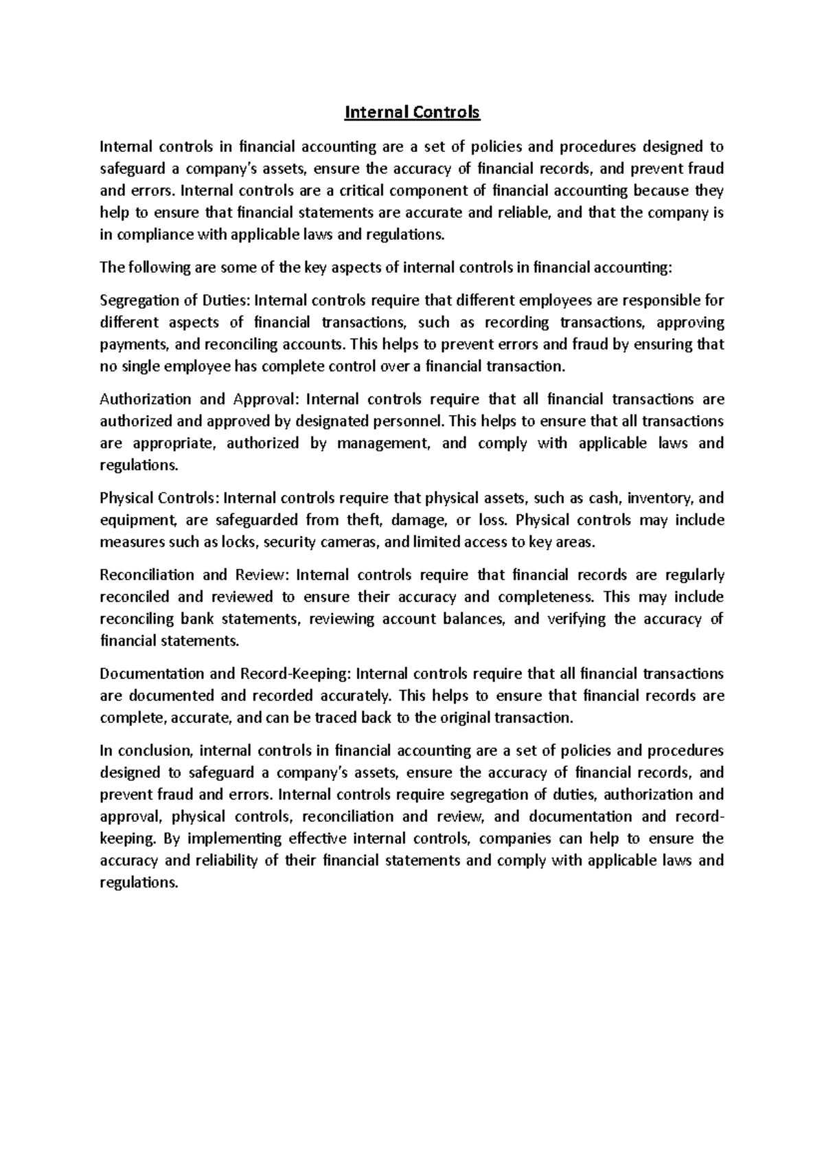 Internal Controls - Internal Controls Internal controls in financial ...