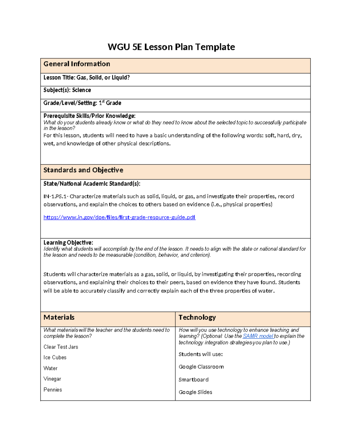 Elementary Science Methods-Task 1 - WGU 5E Lesson Plan Template General ...