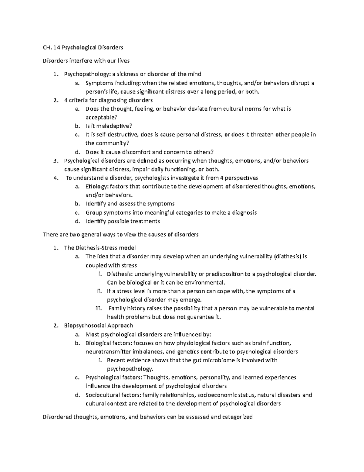 Chapter 14 outline - CH. 14 Psychological Disorders Disorders interfere ...