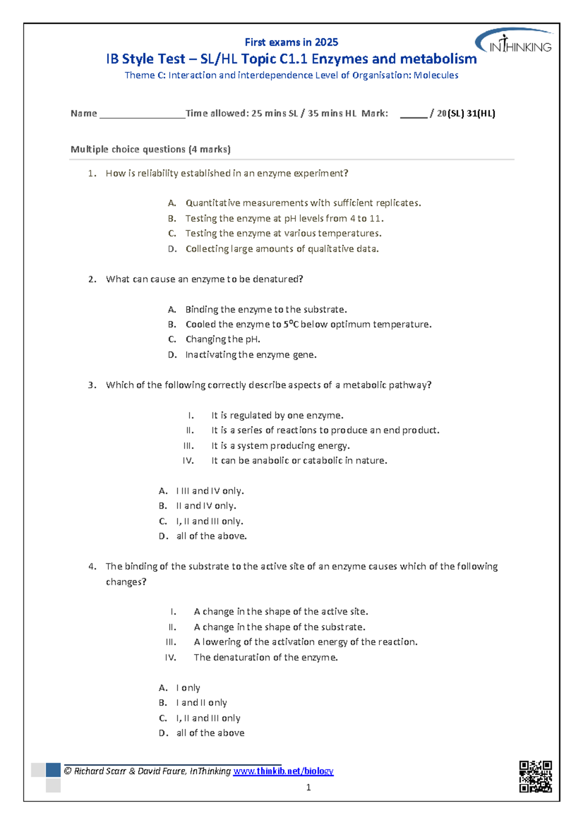 C 1.1 Enzymes and metabolism topic test - IB Style Test – SL/HL Topic ...