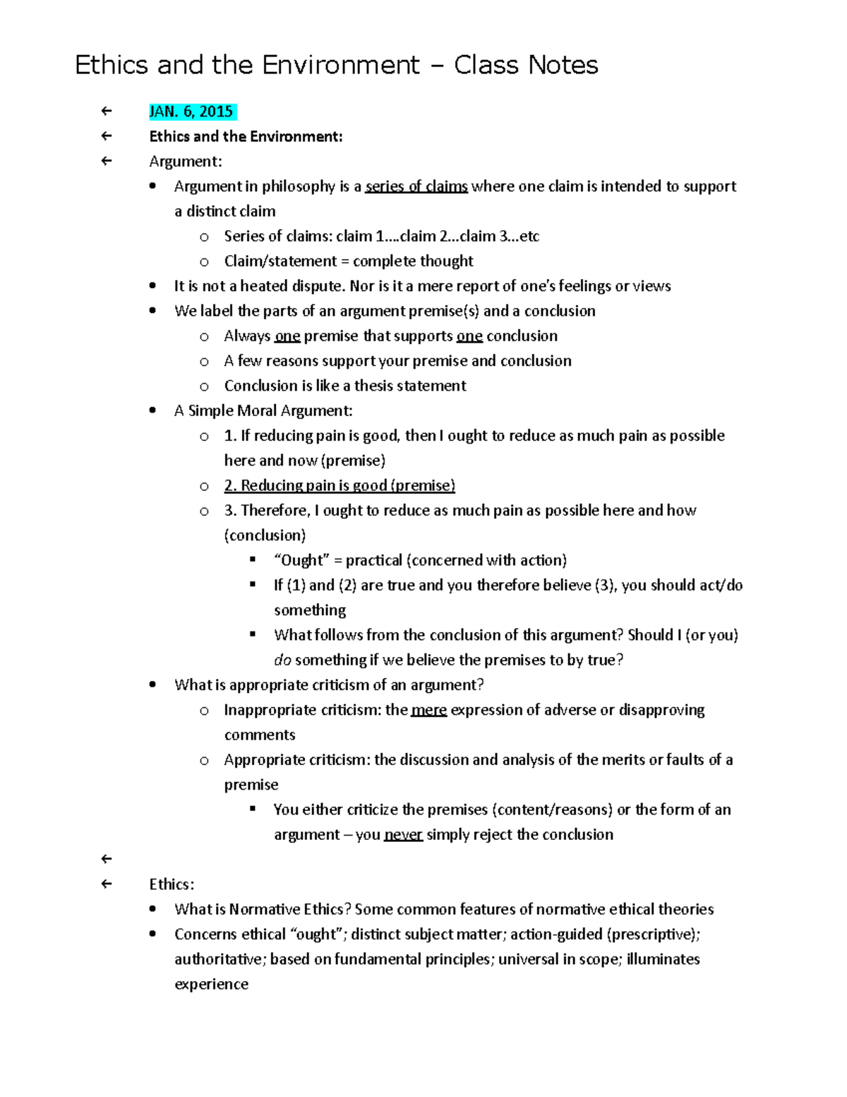 Ethics and The Environment Notes - Ethics and the Environment Class ...