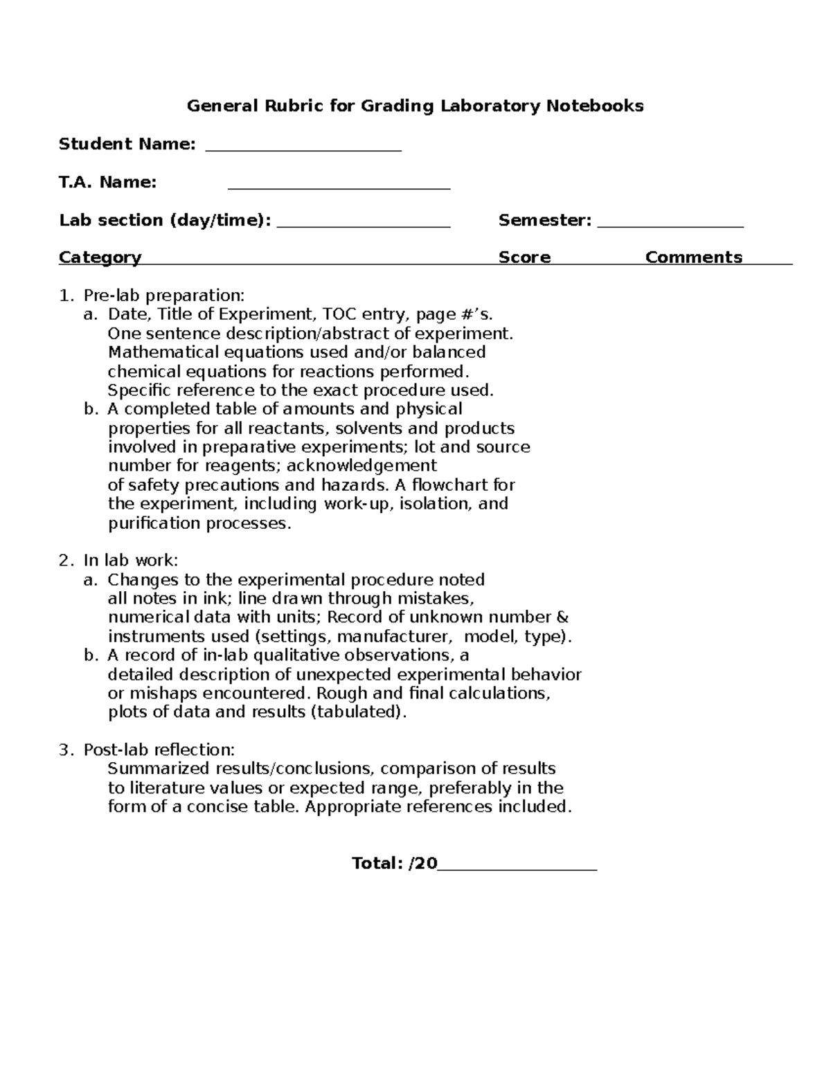 General Rubric for Grading Laboratory Notebooks 2 - Name: Lab section ...