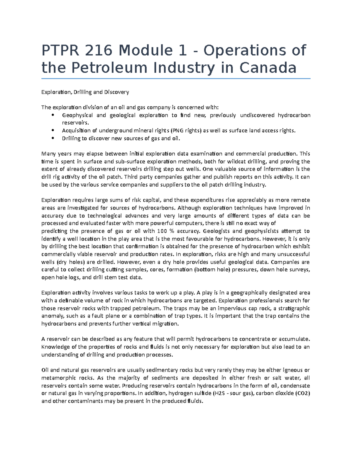 PTPR 216 Module 1 operations of the petroleum industry in Canada - PTPR ...