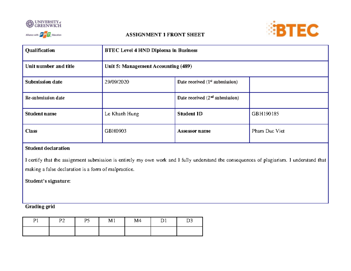Assignment 1 - lab 1 - ASSIGNMENT 1 FRONT SHEET Qualification BTEC Level 4 HND Diploma in ...
