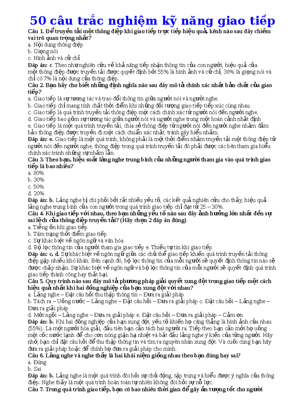 50 câu trắc nghiệm kỹ năng giao tiếp - Đ ể truy ền t ải m ột thông đi ệp khi giao ti ếp tr ực ti ...