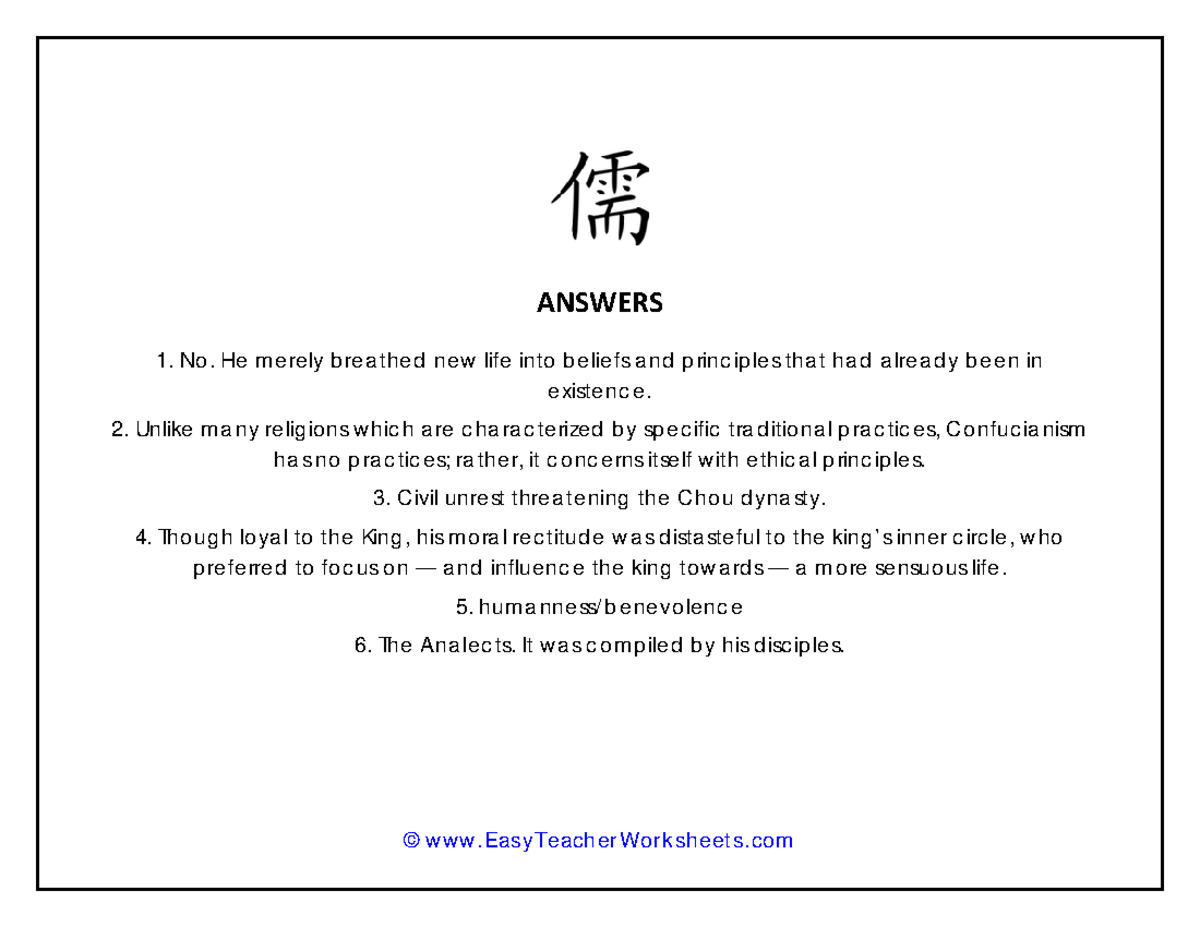 Confucianism Answer Key - ©EasyTeacherWorksheets ANSWERS No. He merely ...