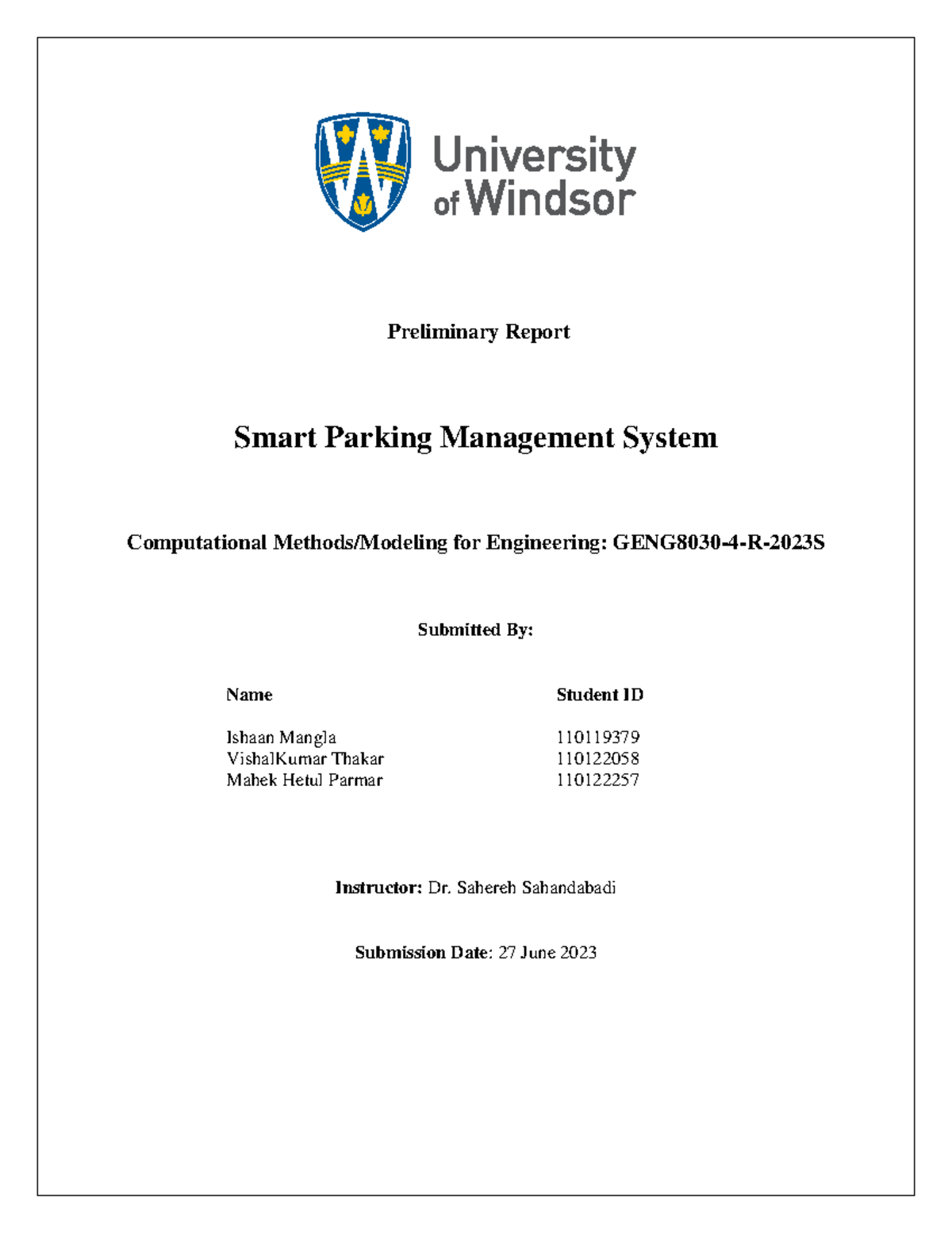 Vishalkumar-GENG8030-Priliminary Report - Preliminary Report Smart Parking Management System ...