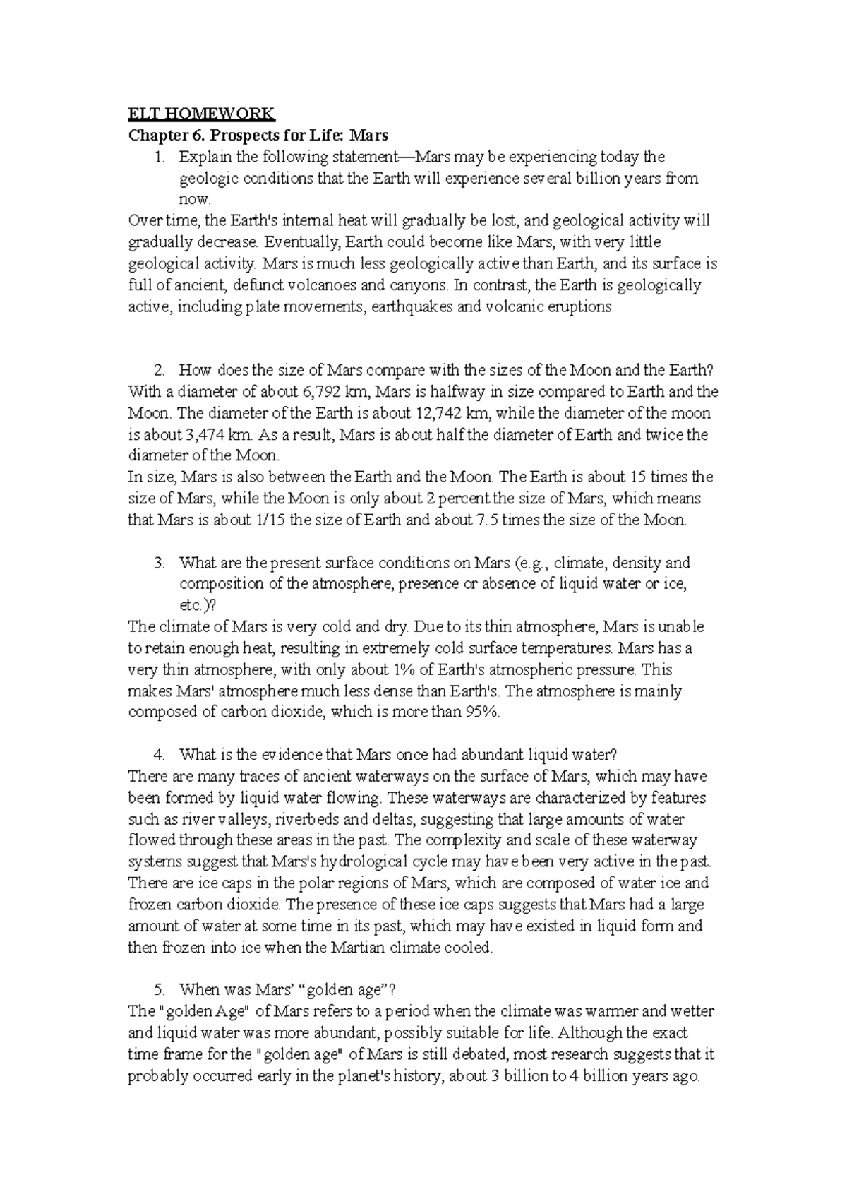 HW4(Chap6-7)2 - homework - ELT HOMEWORK Chapter 6. Prospects for Life ...