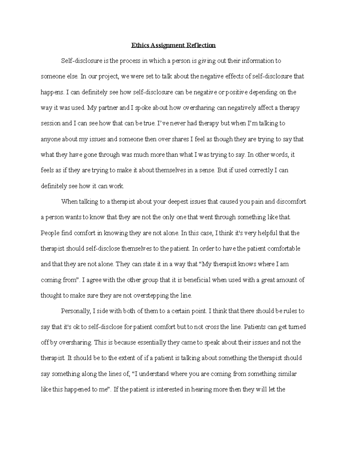 Ethics Reflection Self disclosure Ethics Assignment Reflection Self ethics-reflection-self-disclosure-ethics-assignment-reflection-self