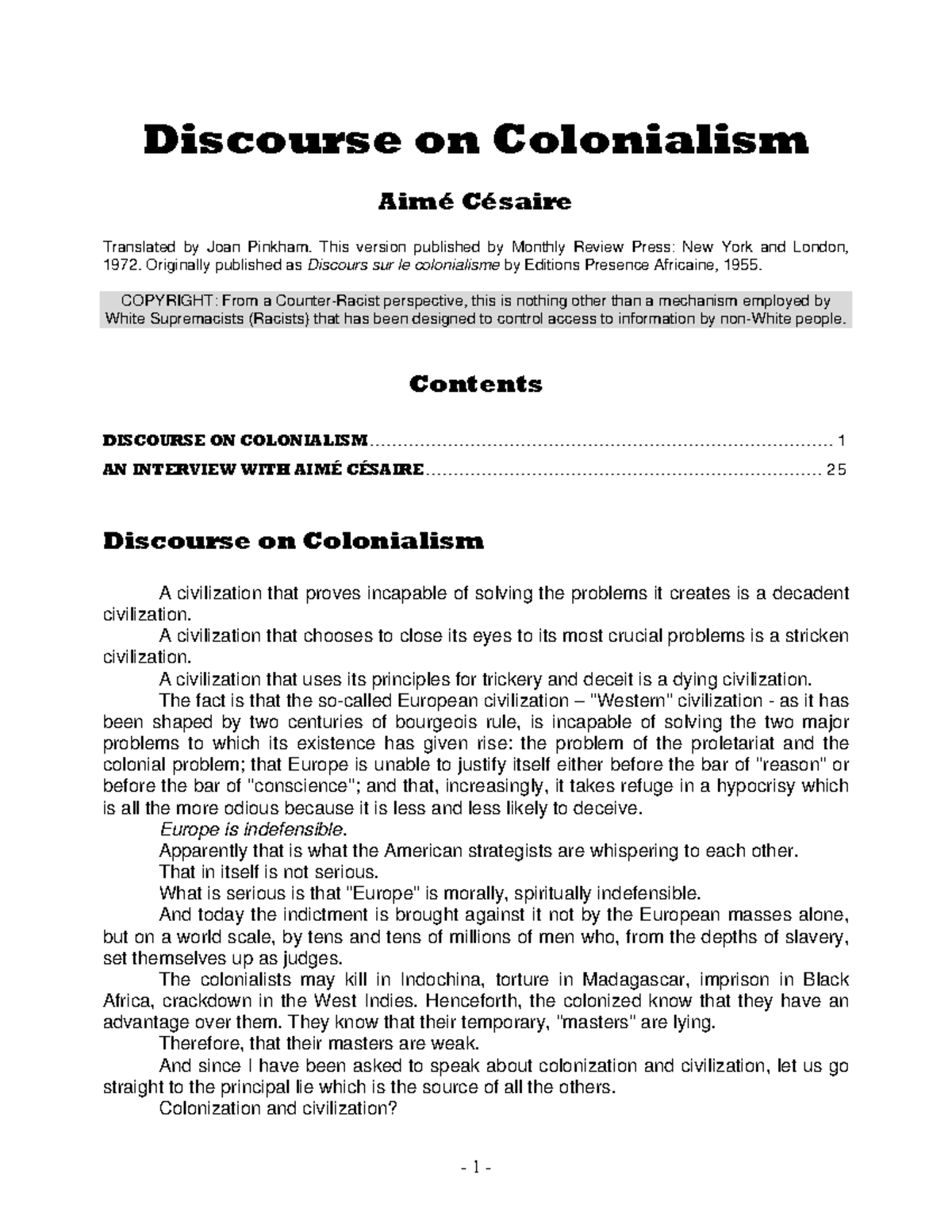 6. Aime Cesaire Discourse on Colonialism - Discourse on Colonialism ...