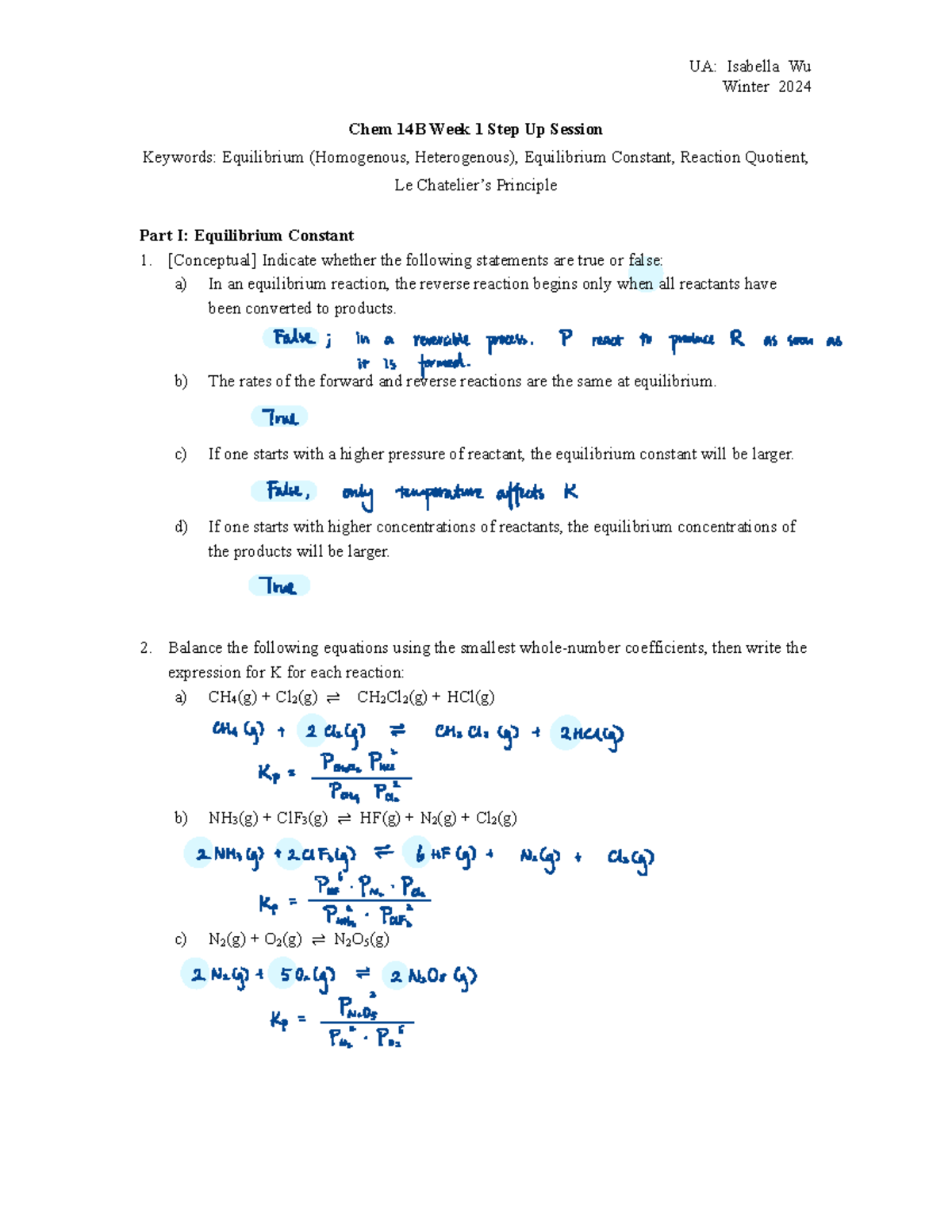 [Answer] Chem 14B W24 Week 1 Step Up - Isabella - ####### UA: Isabella ...