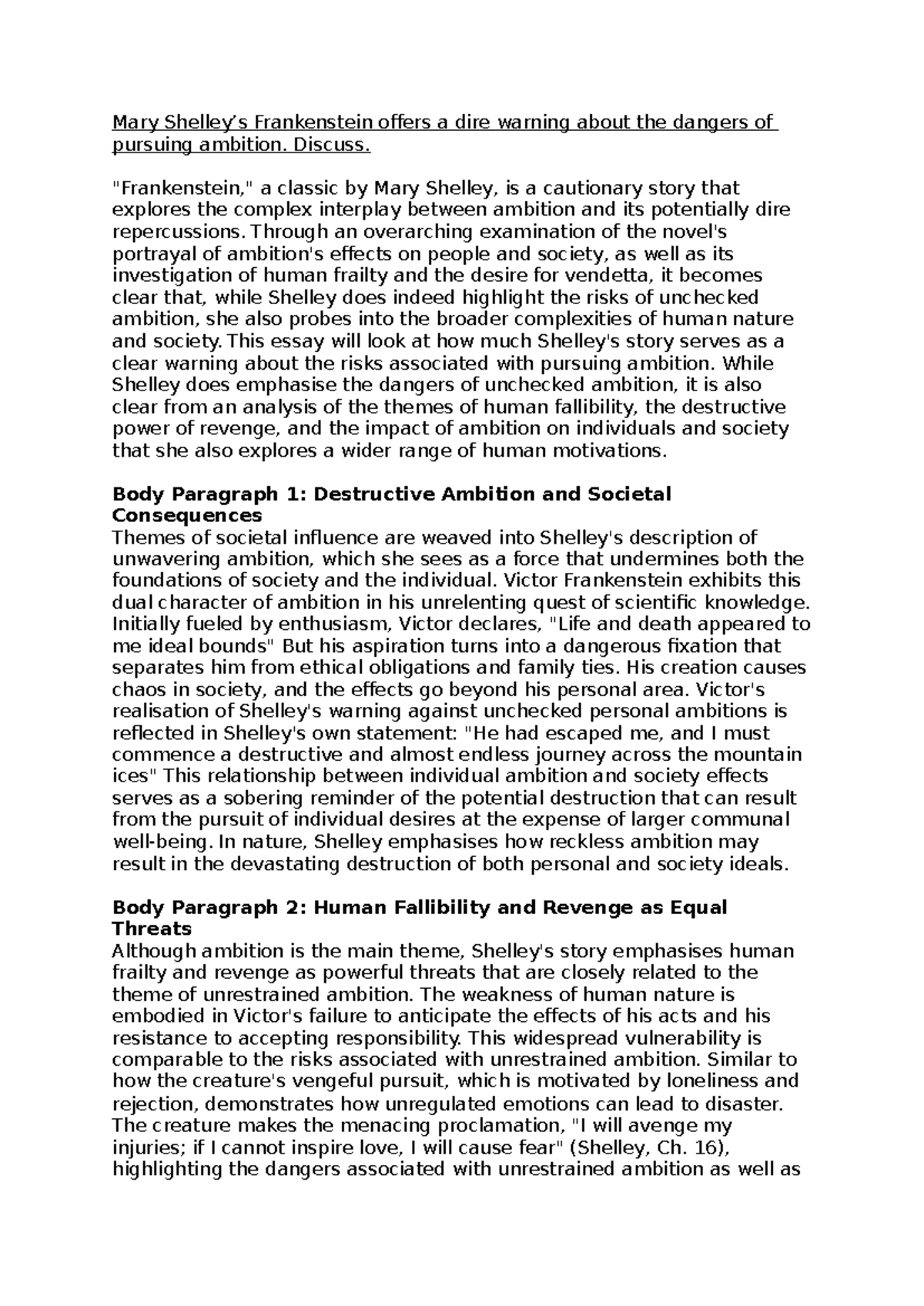Frankenstein Practice Essay- Ambition - Mary Shelley’s Frankenstein ...