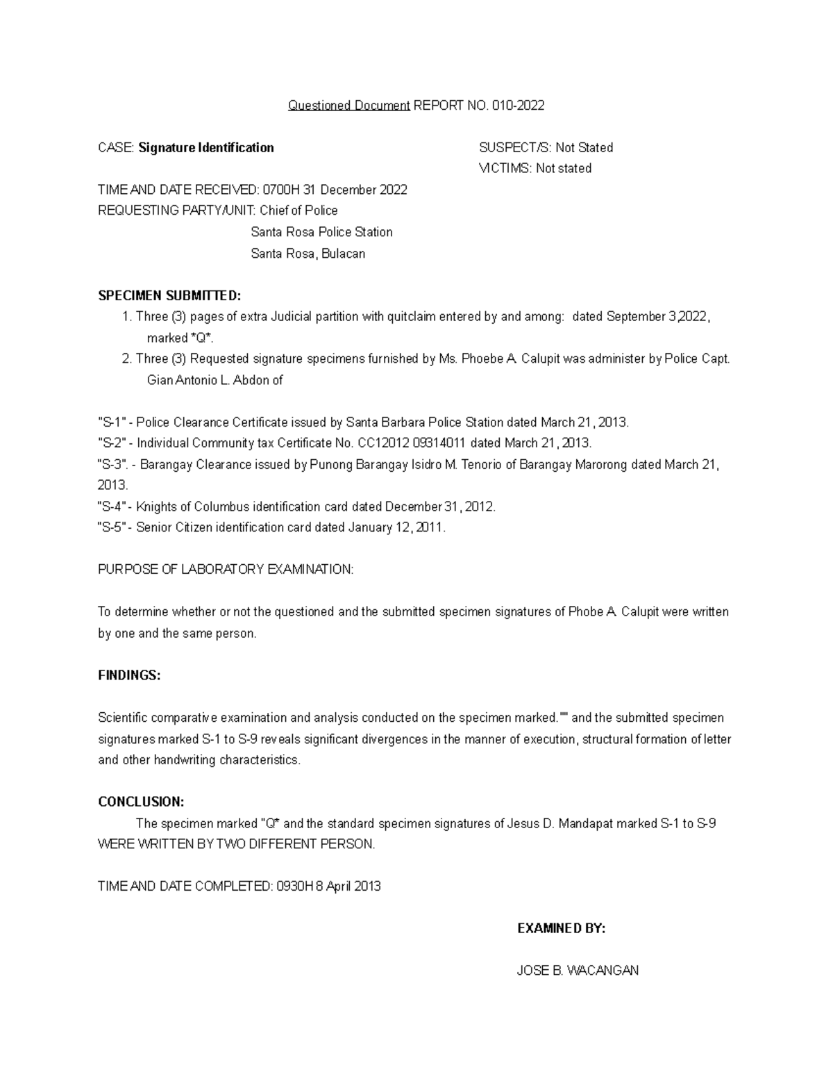 Report - BSCRIM FS5- question Document Examination - Questioned ...