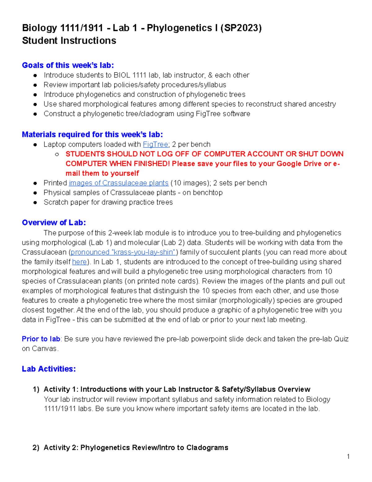 Lab 1 Phylogenetics I Student Instructions Spring 2023 Biology
