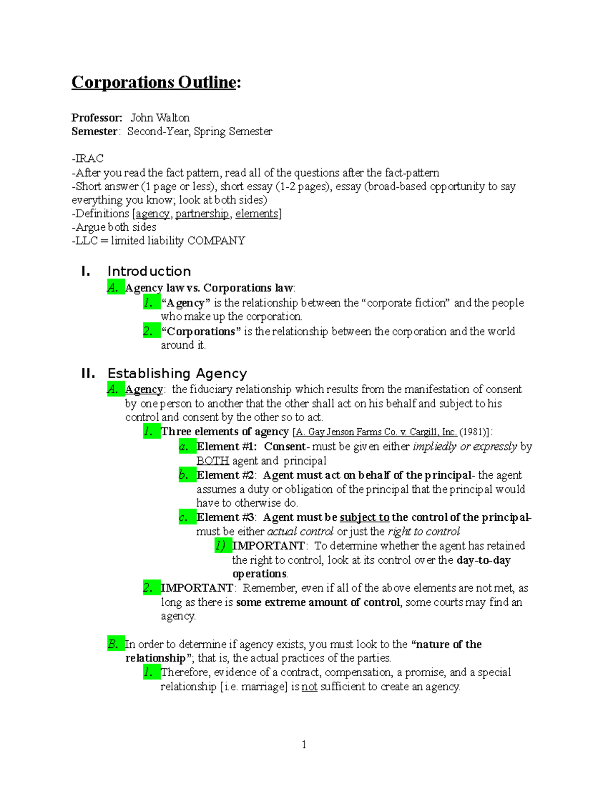 Corporations Outline Ellis - Corporations Outline: Professor: John ...