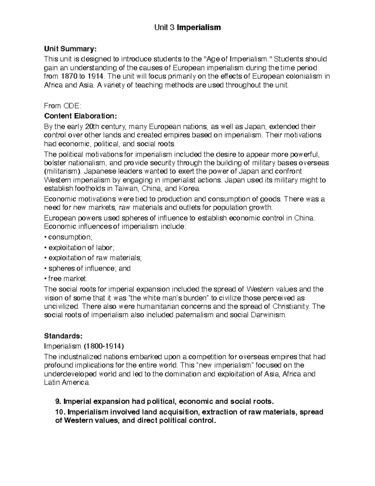 Unit 3 - Imperialism - None - Unit Summary: This unit is designed to ...