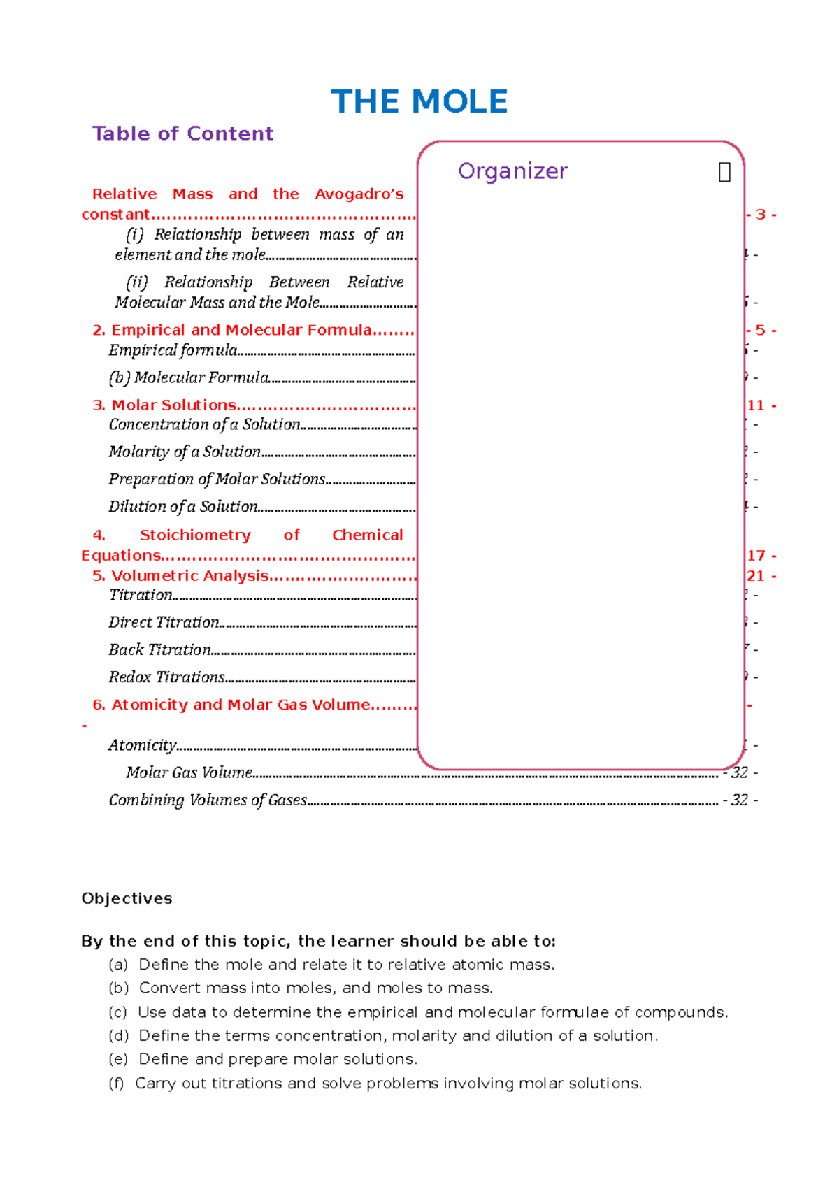 Mole concept and formula - THE MOLE Table of Content Relative Mass and ...