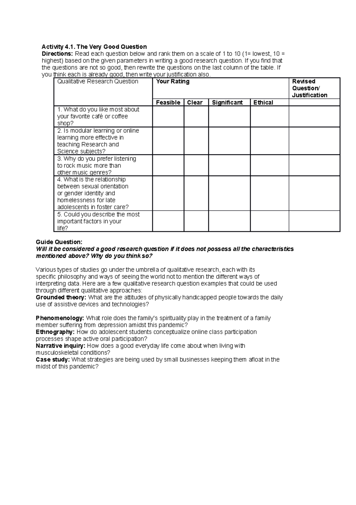 Activity 4.1. The Very Good Question - Activity 4. The Very Good ...