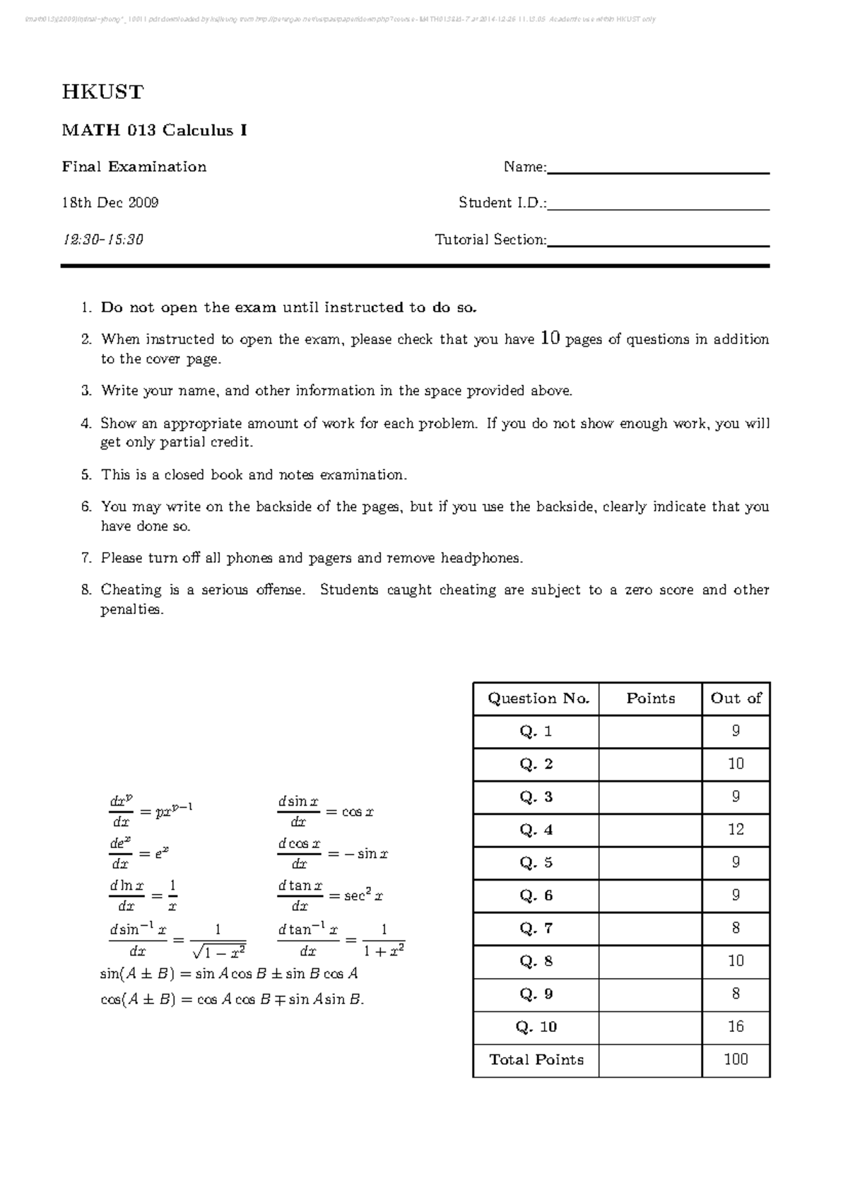(math013)[2009 ](f)final yhong^ 10011 - HKUST MATH 013 Calculus I Final ...