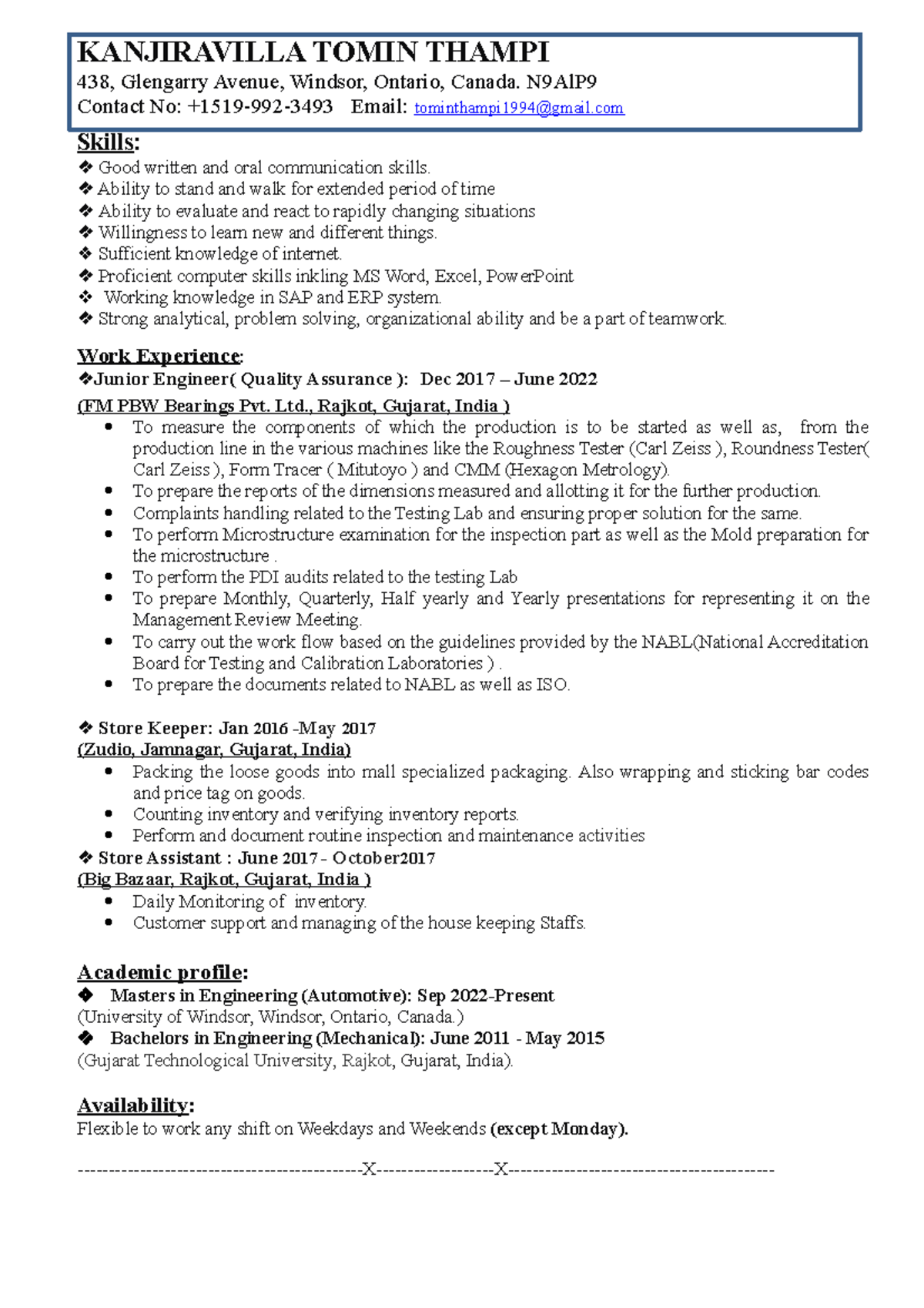 Tomin resume (part time ) - KANJIRAVILLA TOMIN THAMPI 438, Glengarry ...
