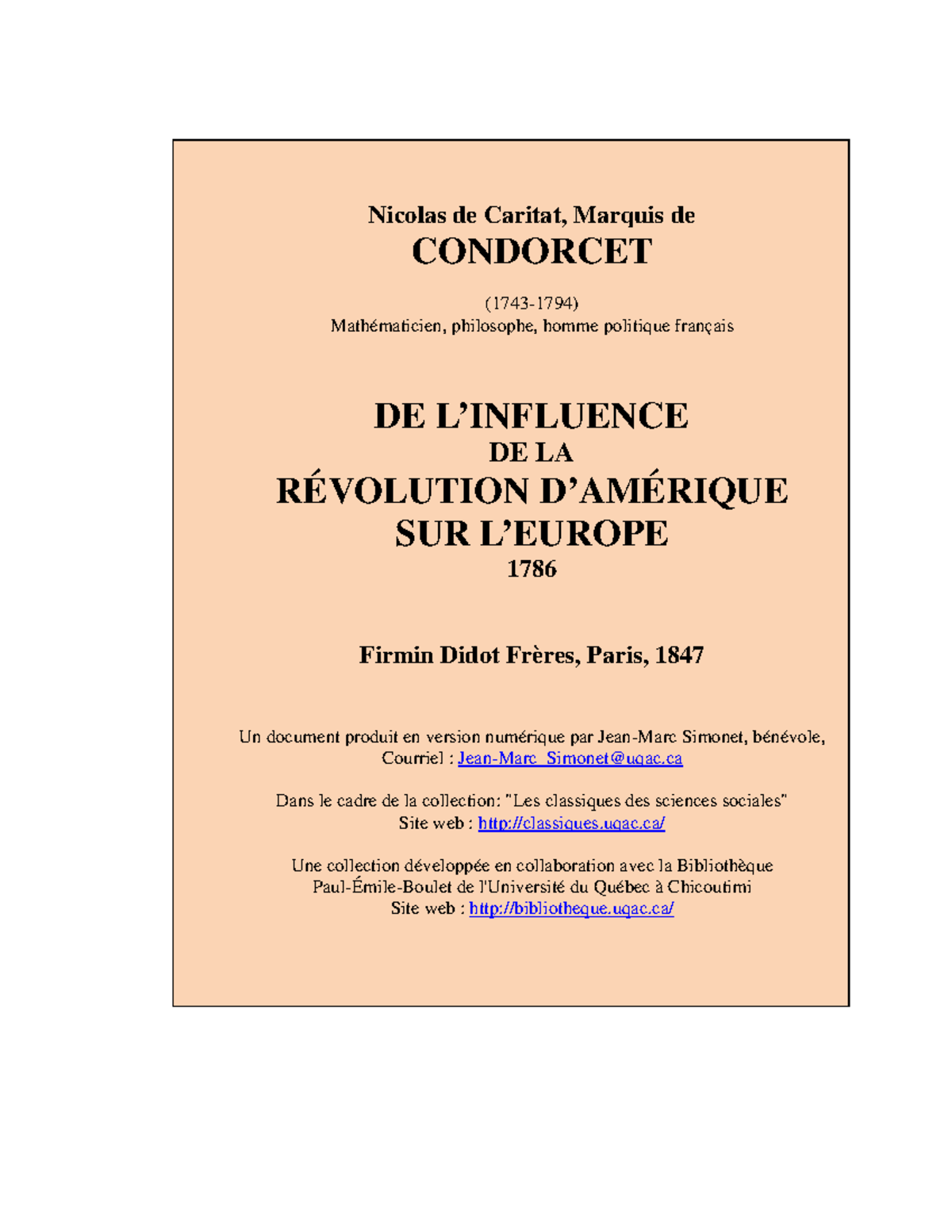 Condorcet revolution amerique - Nicolas de Caritat, Marquis de ...