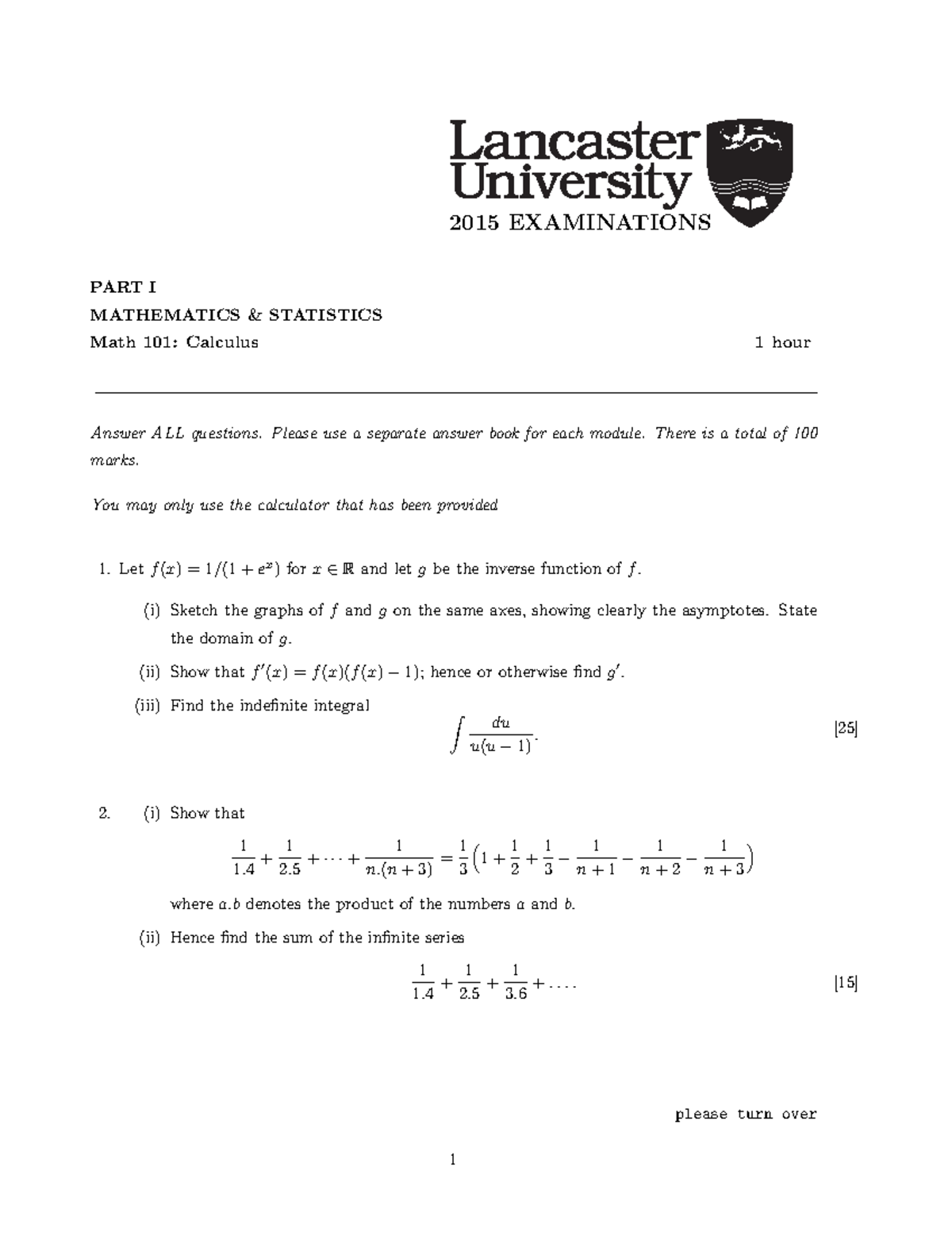 MATH101 Exam 2015 - 2015 EXAMINATIONS PART I MATHEMATICS &amp ...