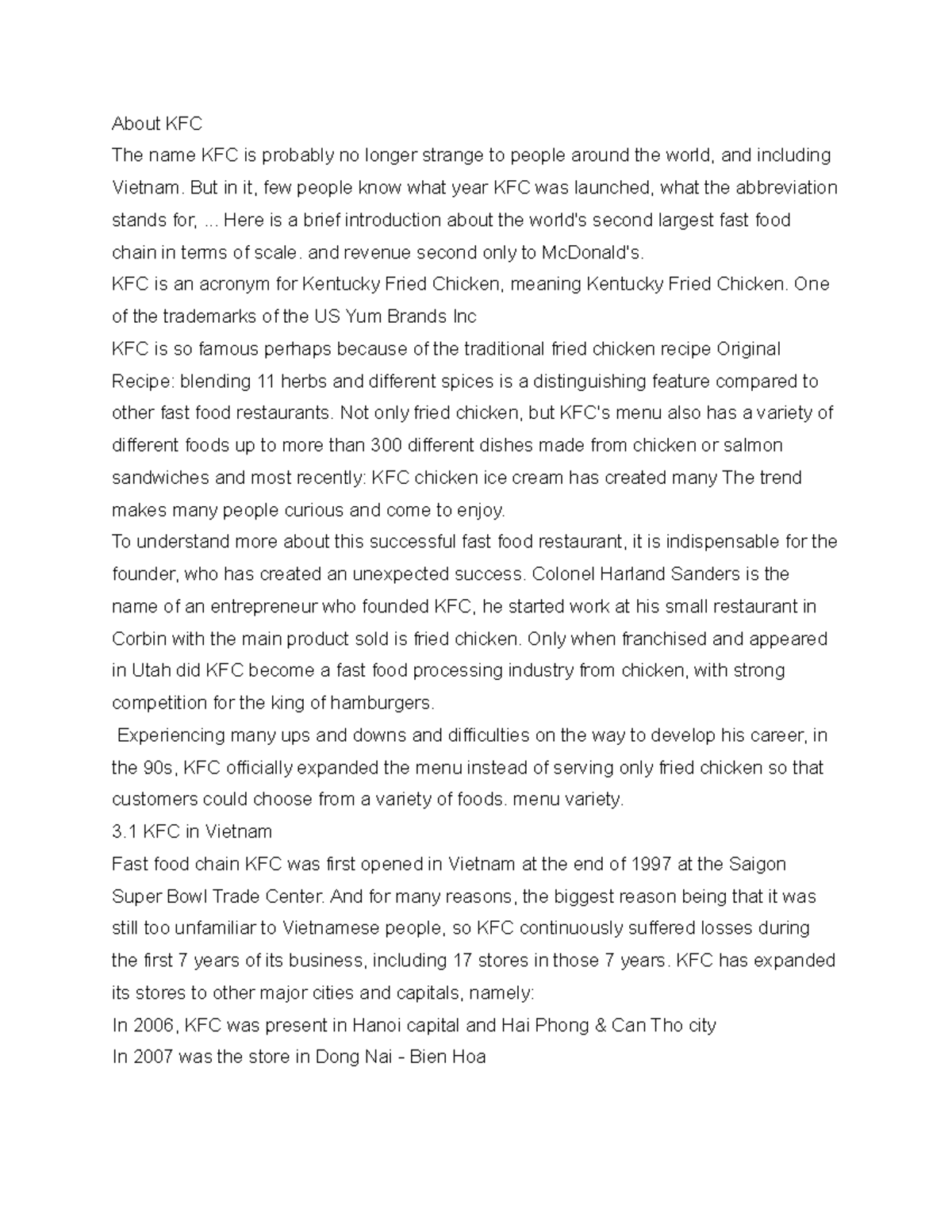 Business Case Study (2) - About KFC The name KFC is probably no longer ...