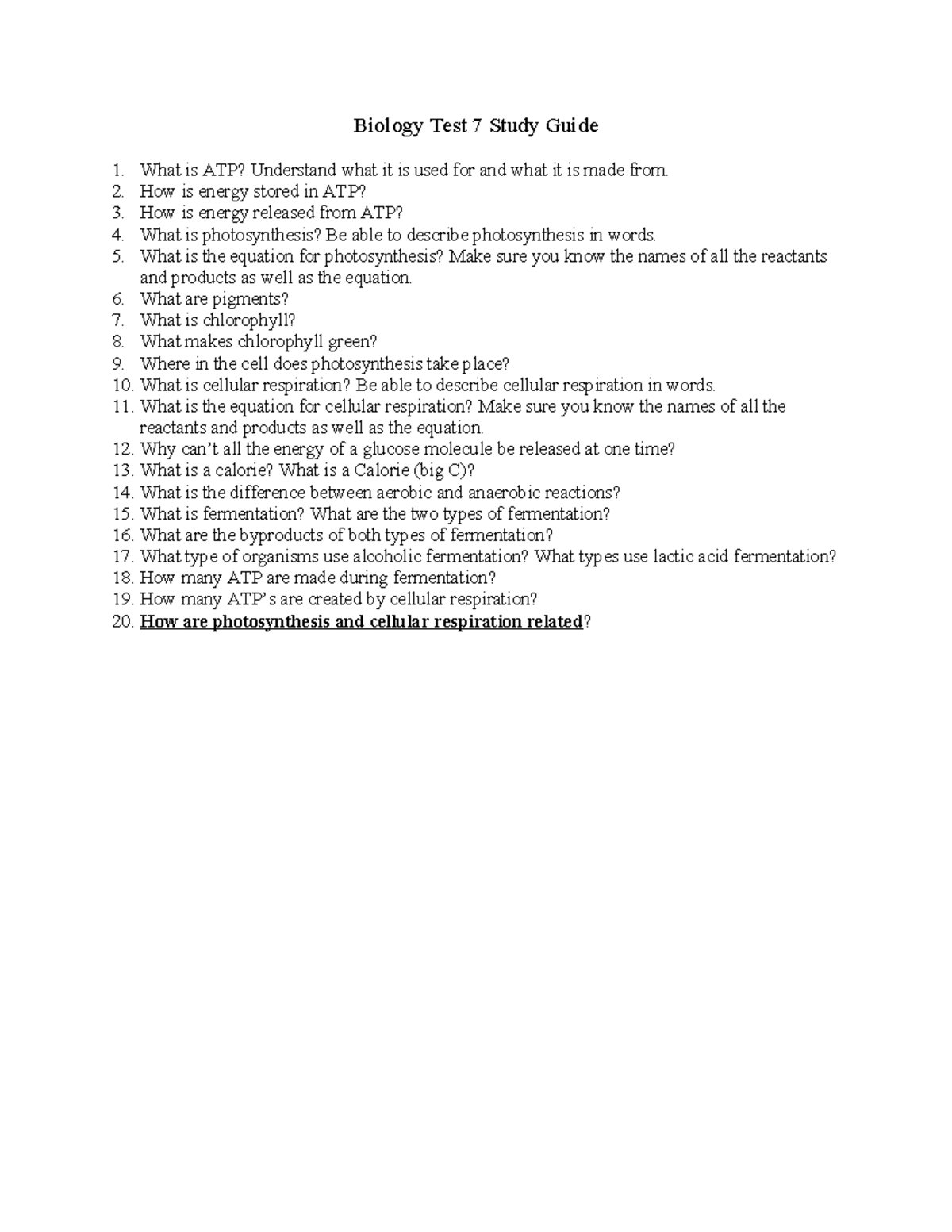 Bio Test 7 Study Guide 19-20 - Biology Test 7 Study Guide 1. What is ...
