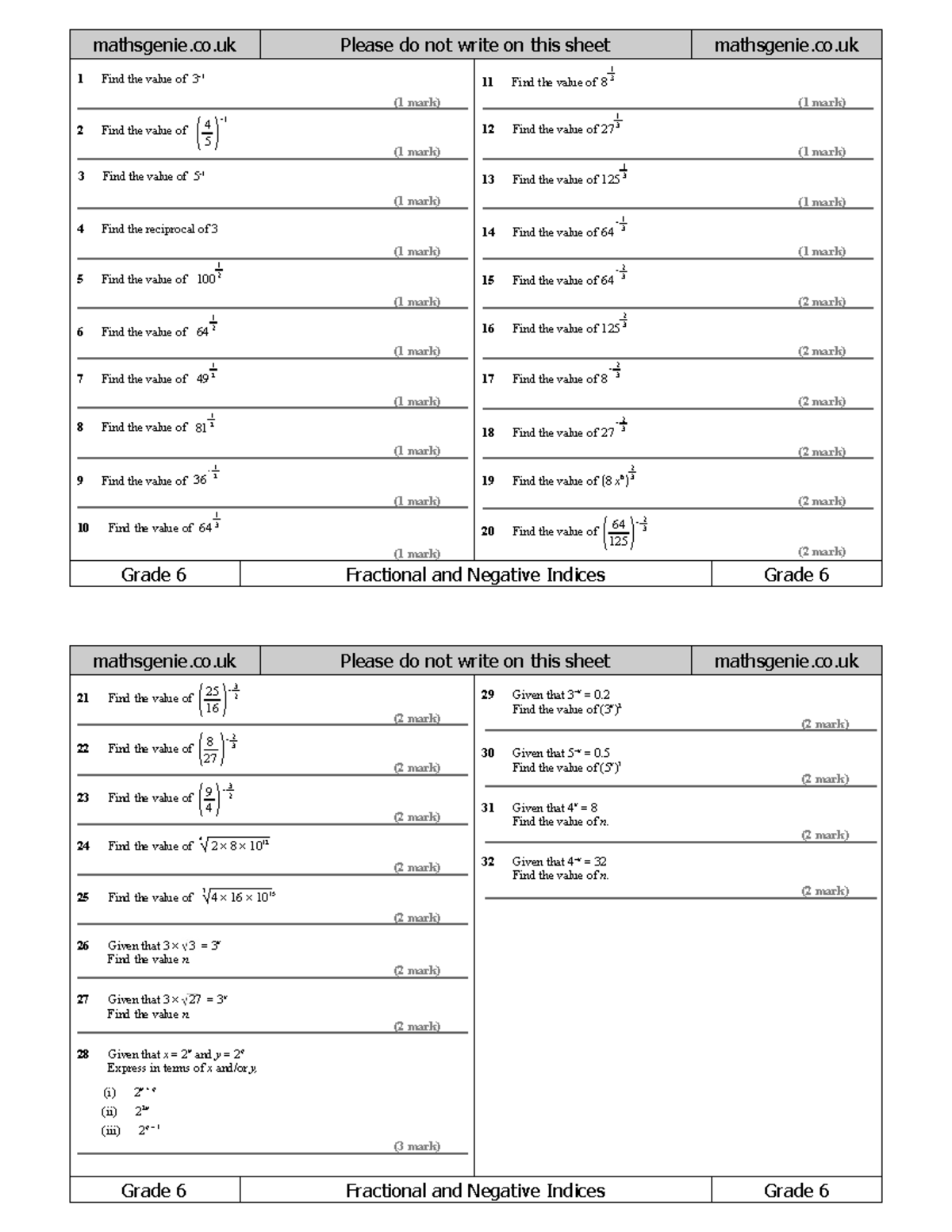 fractional indices questions - mathsgenie.co Grade 6 Fractional and ...