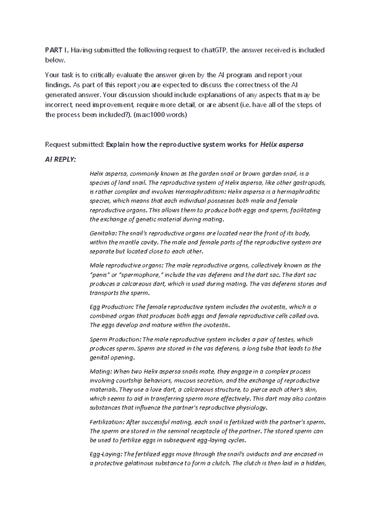 Homework assignment PART I for Biol1009 - PART I. Having submitted the ...