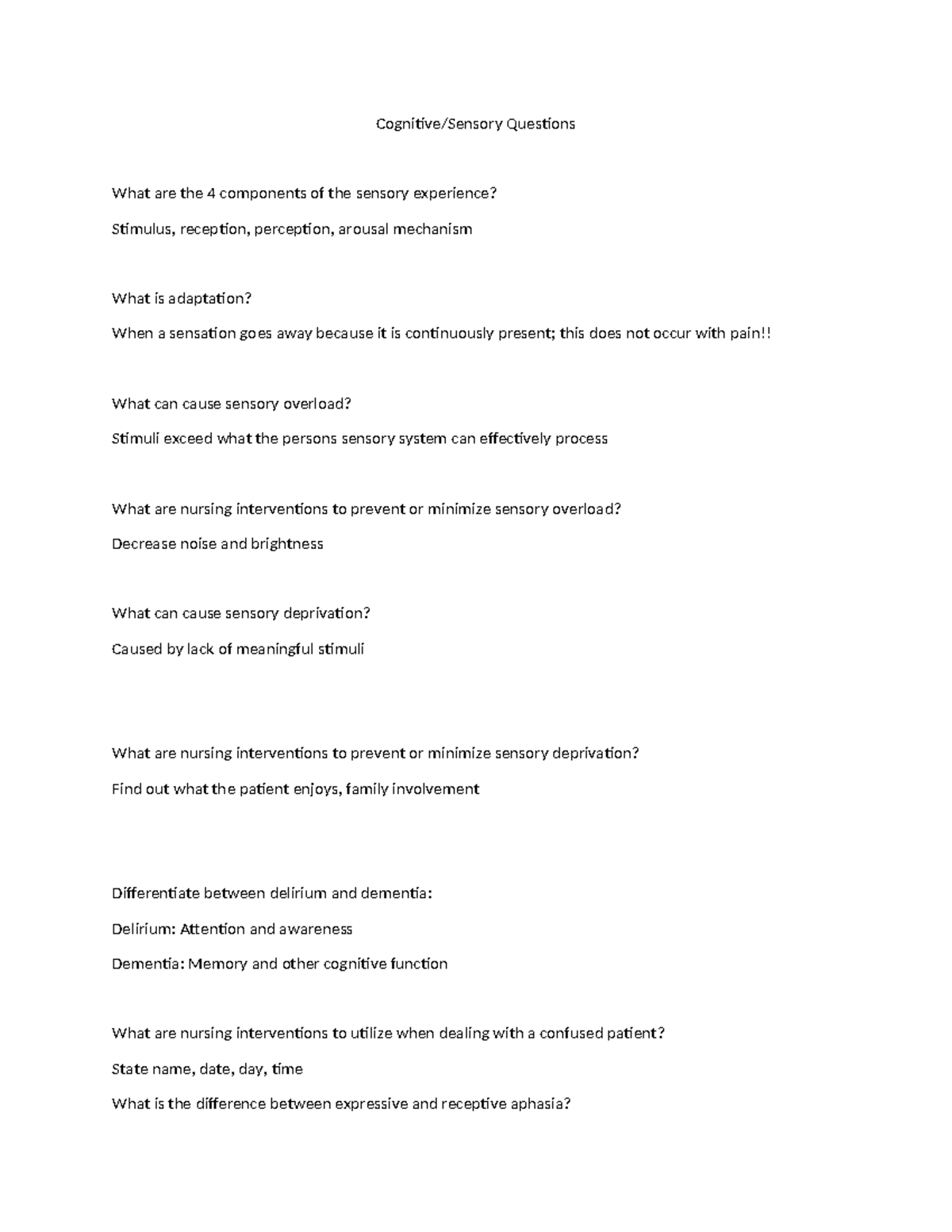 Cognitive 1 - Review of cognative unit - Cognitive/Sensory Questions ...