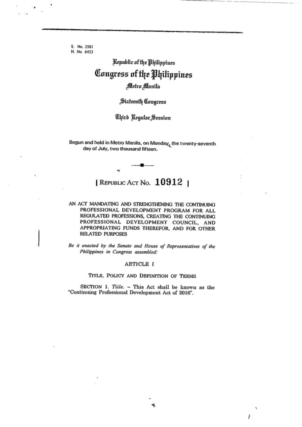 RA-10912 - Laws and regulations - S. No. 64232581 B e g u nd a y a n d ...