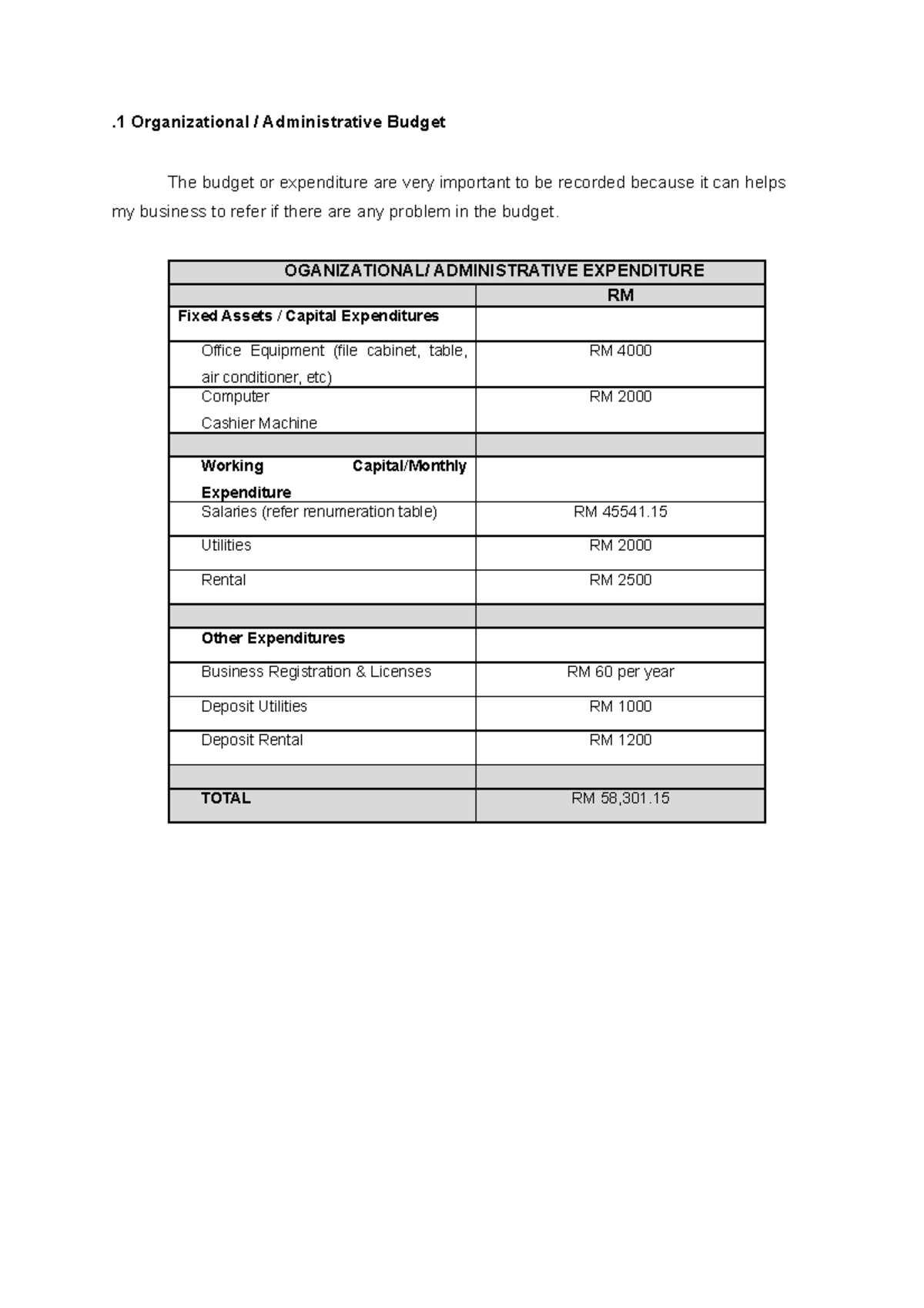 Financial Plan ENT 300 - .1 Organizational / Administrative Budget The ...