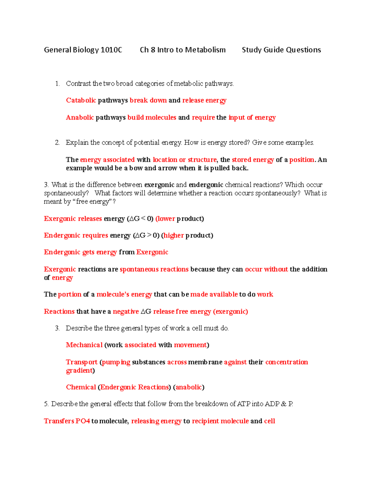 Ch 8 Study Guide - General Biology 1010C Ch 8 Intro to Metabolism Study ...