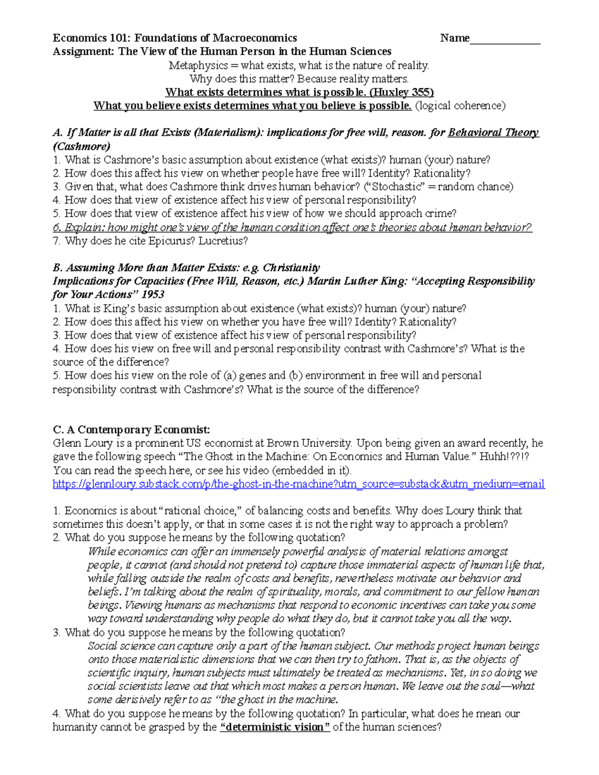 Econ 101 Summer Assignment The Human Person in the Human Sciences-1 ...