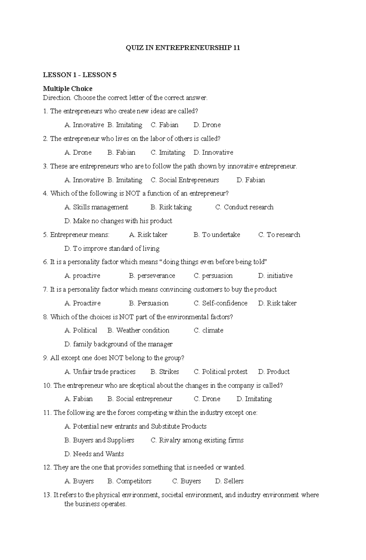 QUIZ IN Entrepreneurship 11 - QUIZ IN ENTREPRENEURSHIP 11 LESSON 1 ...