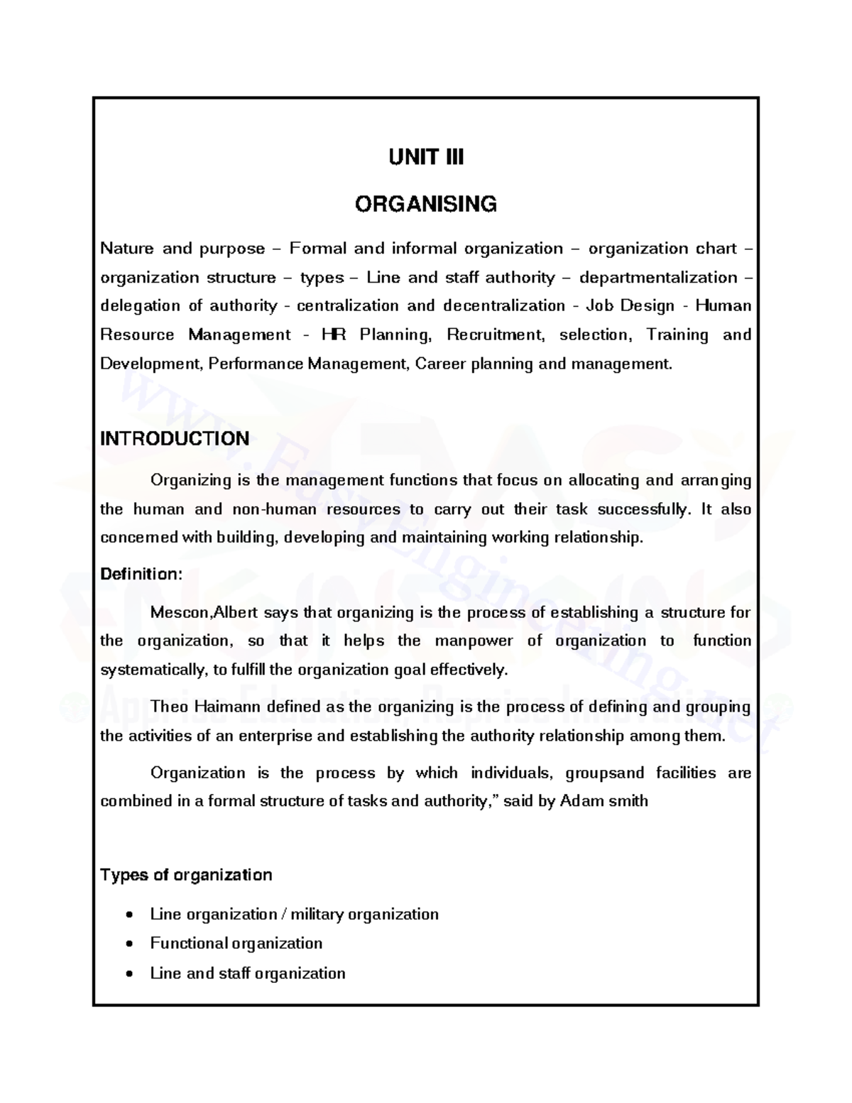 Unit 3 notes - pom - UNIT III ORGANISING Nature and purpose – Formal ...
