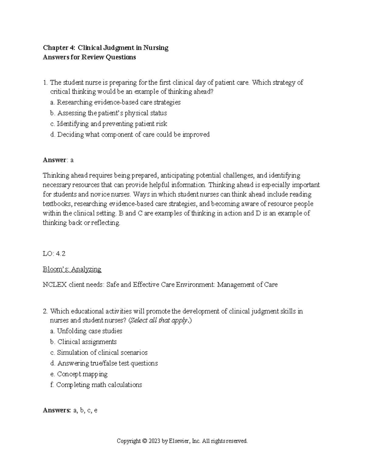 Chapter 4 practice questions - Chapter 4: Clinical Judgment in Nursing ...
