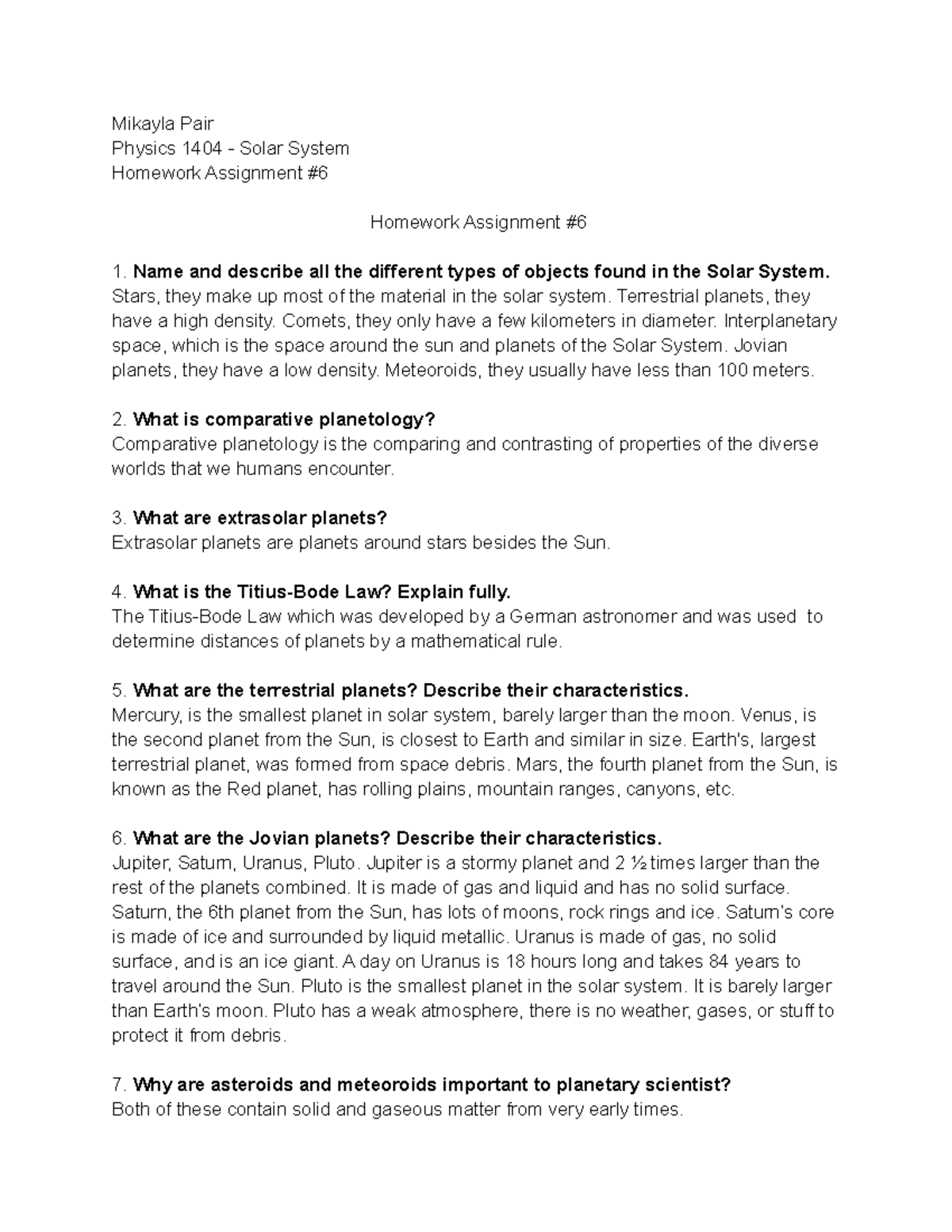 Homework Assignment #6 - Mikayla Pair Physics 1404 - Solar System ...