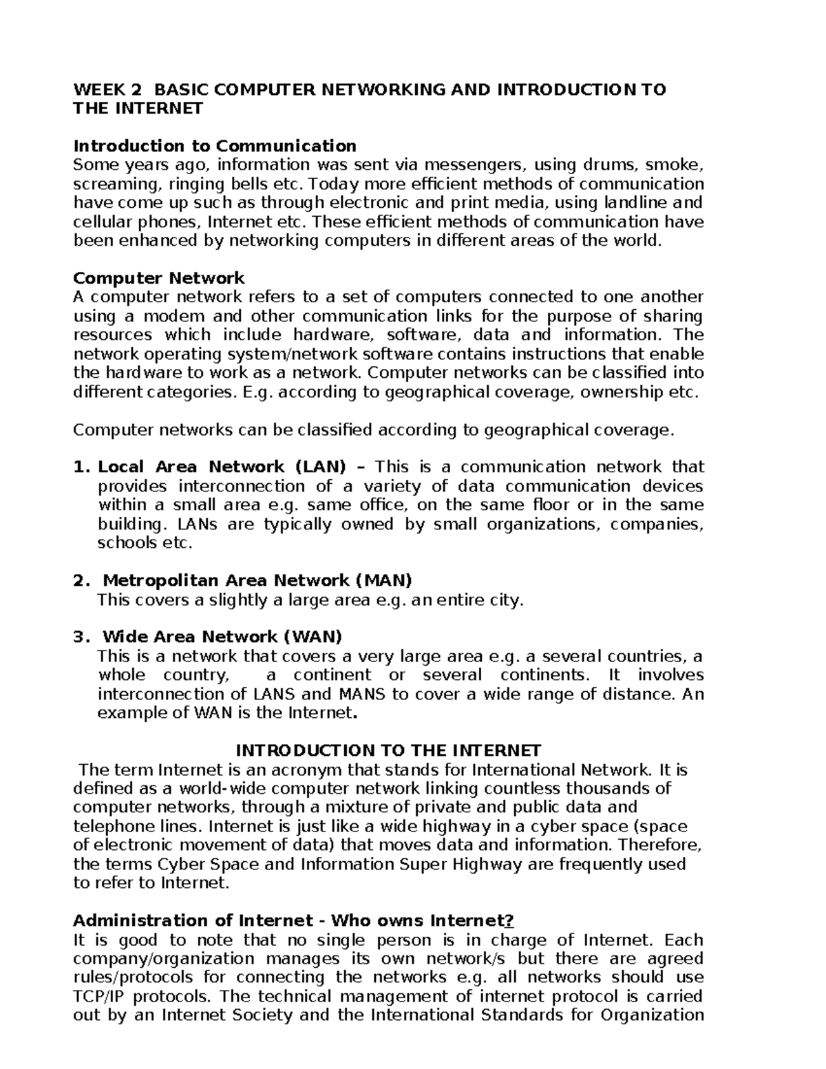 WEEK 2 Basic Computer Networking AND Introduction TO THE Internet - WEEK 2 BASIC COMPUTER ...