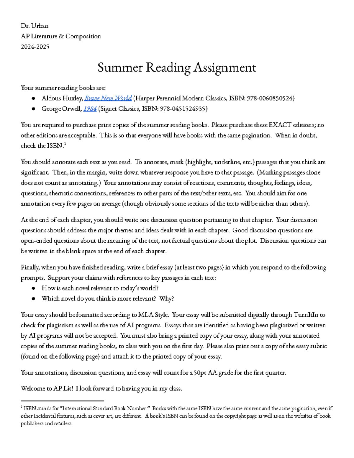 2024 AP English Literature Summer Assignment - Dr. Urban AP Literature ...