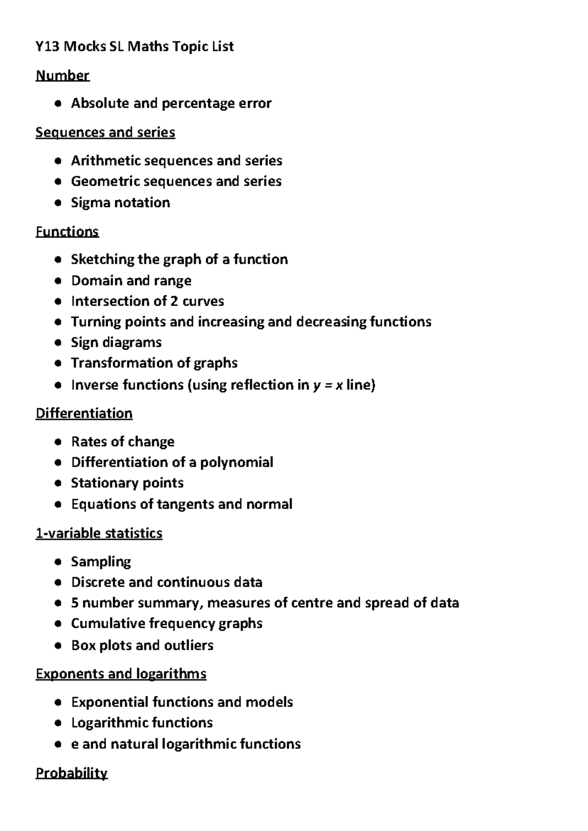 Y13 Mocks SL Maths Topic List - Y13 Mocks SL Maths Topic List Number ...
